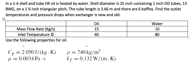 Solved In a 1-4 shell and tube HX oil is heated by water. | Chegg.com