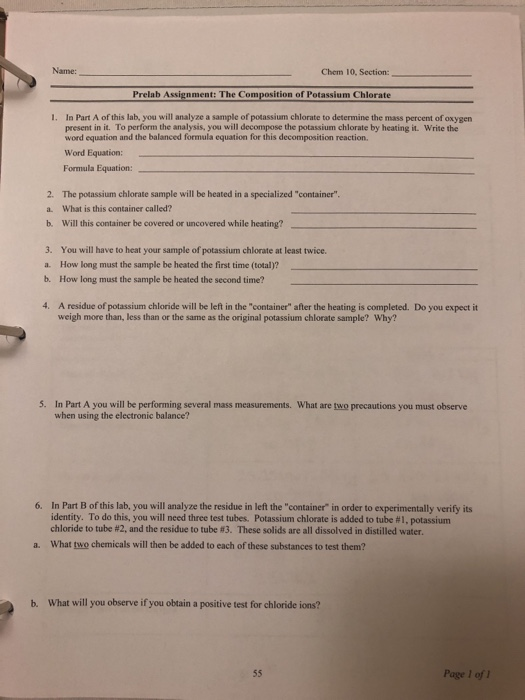 Name: Chem 10, Section: Prelab Assignment: The | Chegg.com