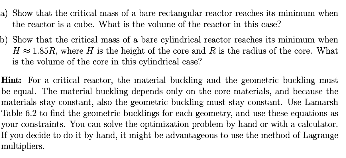 Solved a) ﻿Show that the critical mass of a bare rectangular | Chegg.com