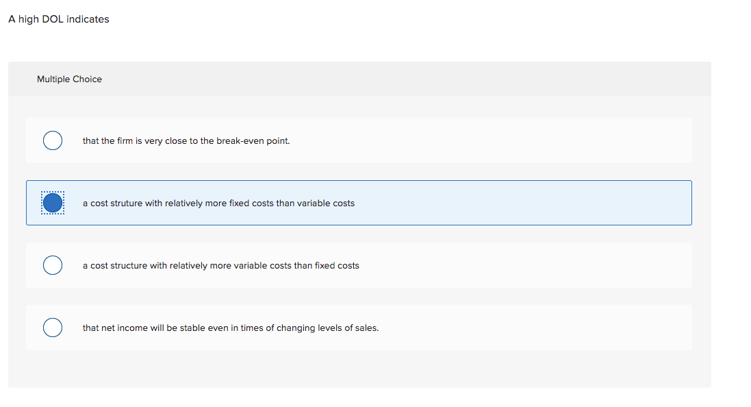 Solved A high DOL indicates Multiple Choice that the firm is | Chegg.com