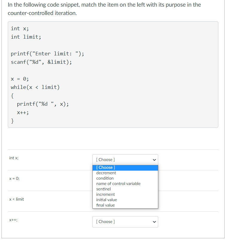 Solved In the following code snippet, match the item on the | Chegg.com