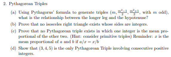 Solved 2. Pythagorean Triples (a) Using Pythagorus, formula | Chegg.com