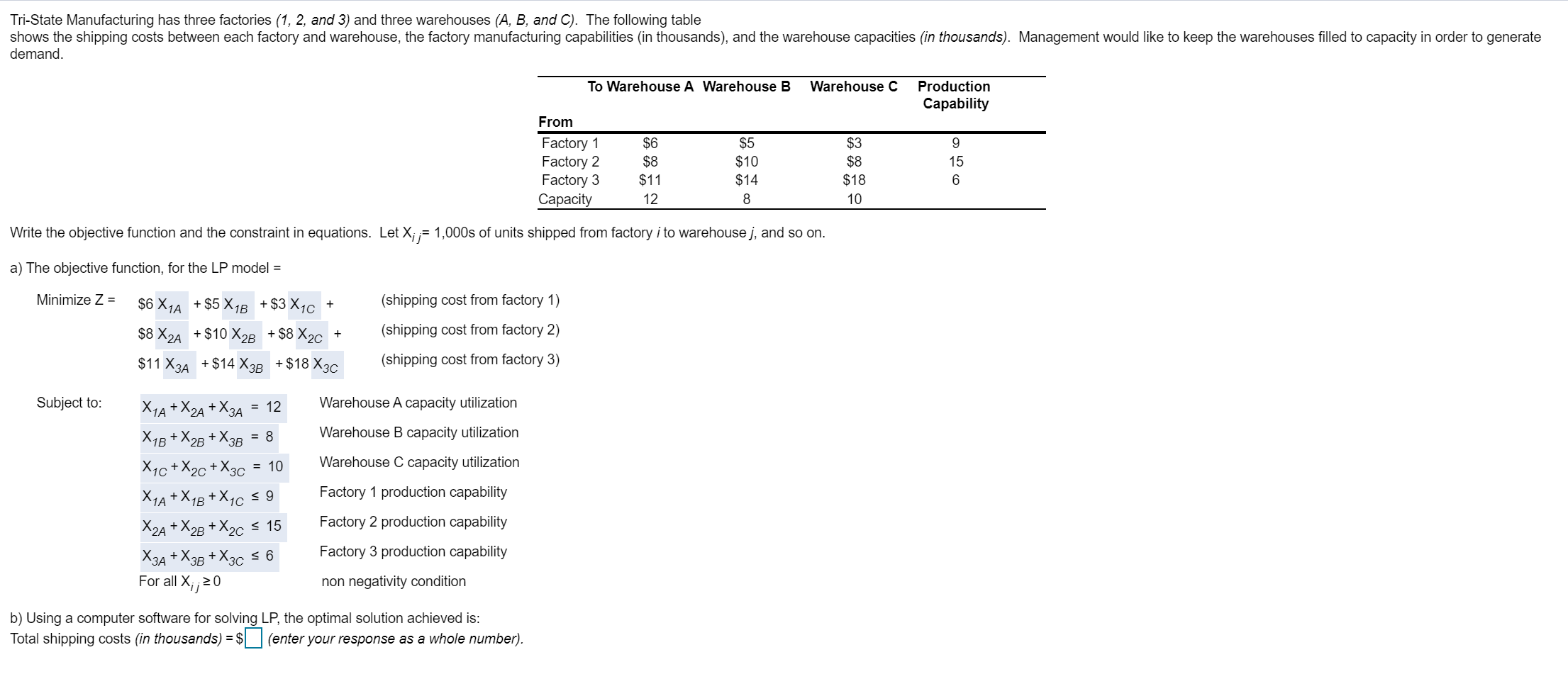 Tri-State Manufacturing has three factories (1, 2, | Chegg.com