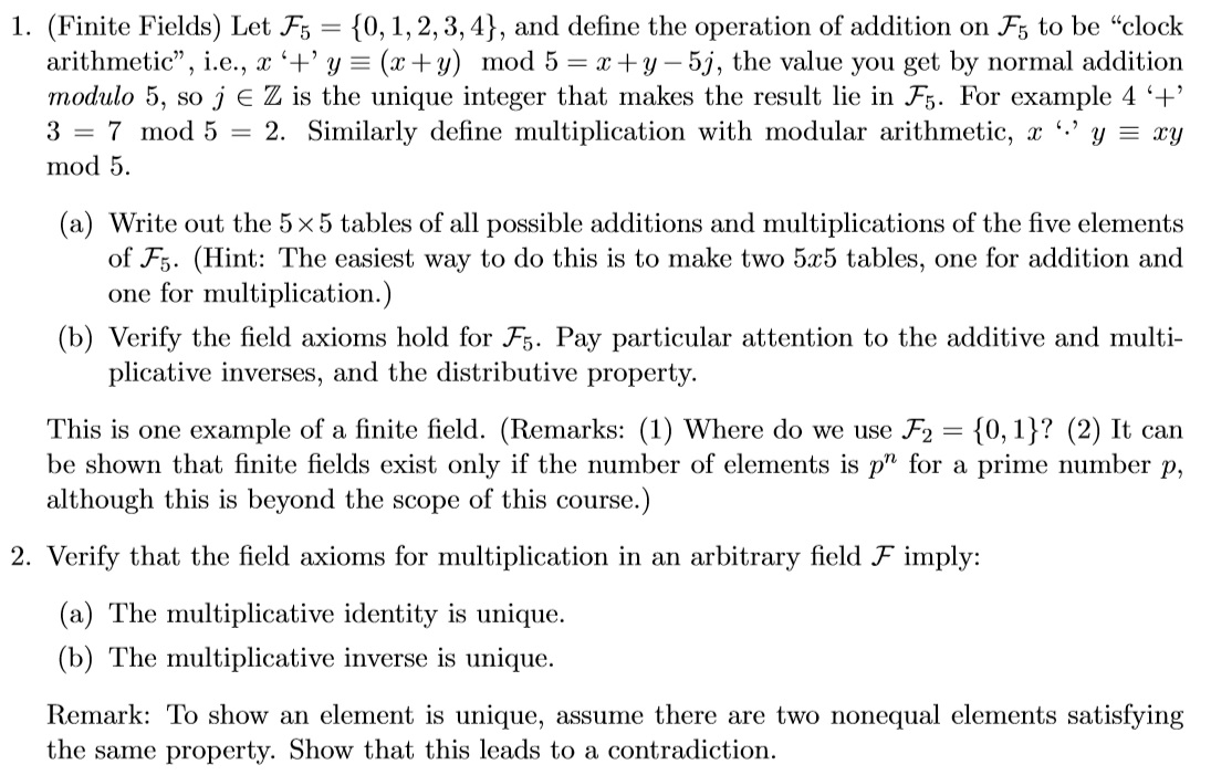 Solved 1. (Finite Fields) Let F5 = {0, 1, 2, 3,4}, and | Chegg.com