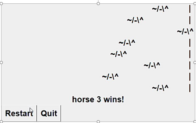 Solved PYTHON - RACING I got 8 horses all namely = " ~/-\^ " | Chegg.com