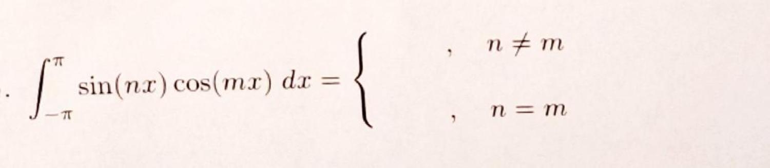 Solved ∫−ππsin(nx)cos(mx)dx={,n =mn=m | Chegg.com