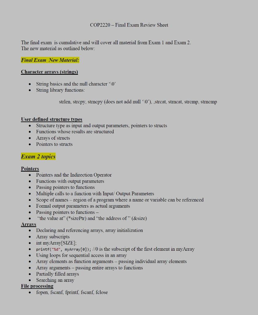 COP2220 - Final Exam Review Sheet The final exam is | Chegg.com