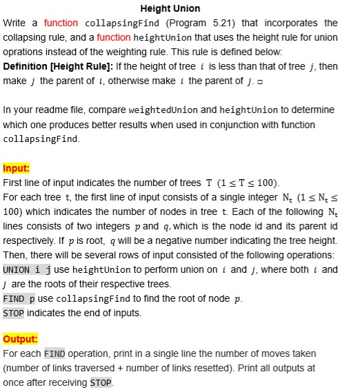 Height Union Write a function collapsingFind (Program | Chegg.com