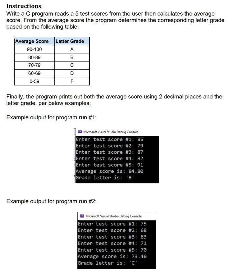 Solved Instructions: Write a C program reads a 5 test scores | Chegg.com