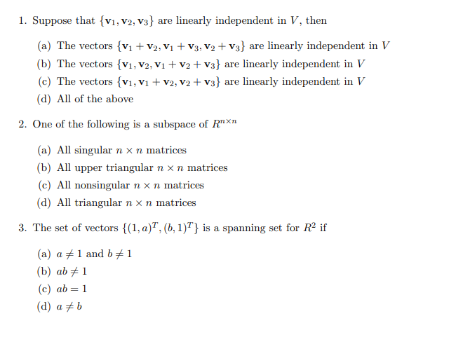 Solved 1. Suppose that {V1, V2, V3} are linearly independent | Chegg.com