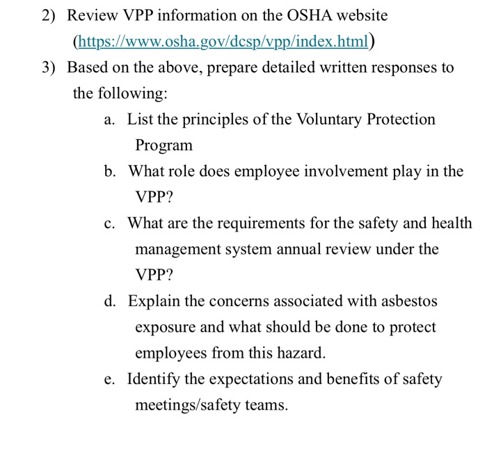Solved 2) Review VPP information on the OSHA website | Chegg.com