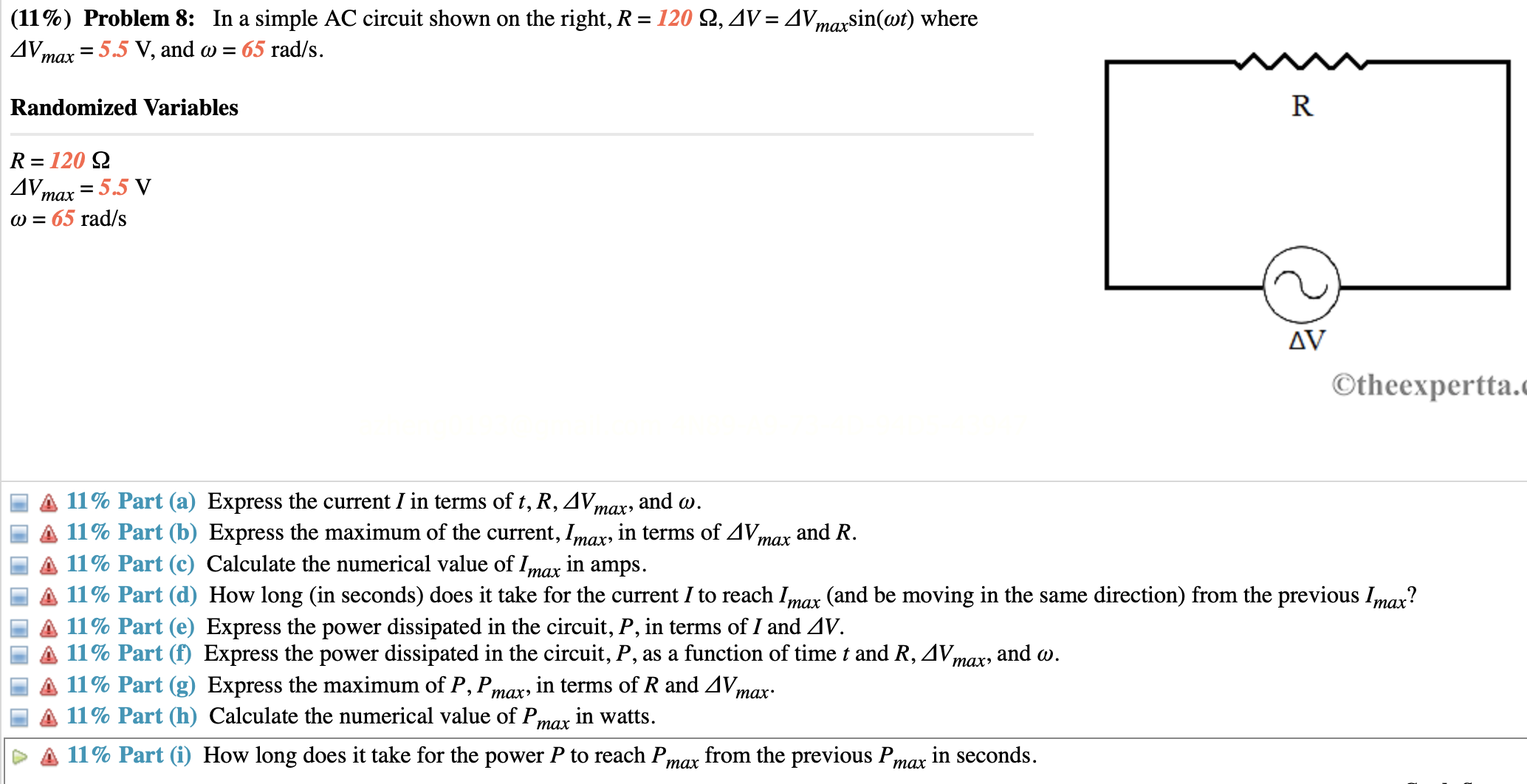 Solved (11%) ﻿Problem 8: In a simple AC circuit shown on the | Chegg.com