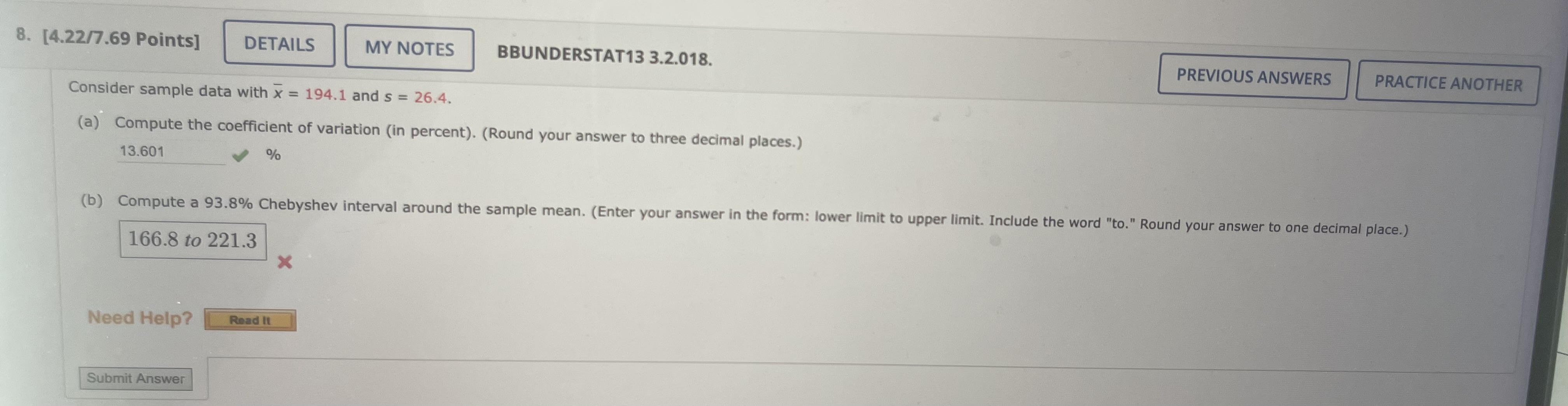 Solved Consider sample data with x‾=194.1 ﻿and s=26.4.(a) | Chegg.com