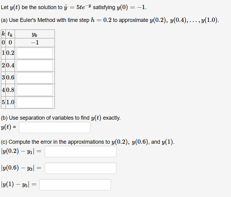 Solved Let y(t) ﻿be the solution to y˙=5te-y ﻿satisfying | Chegg.com
