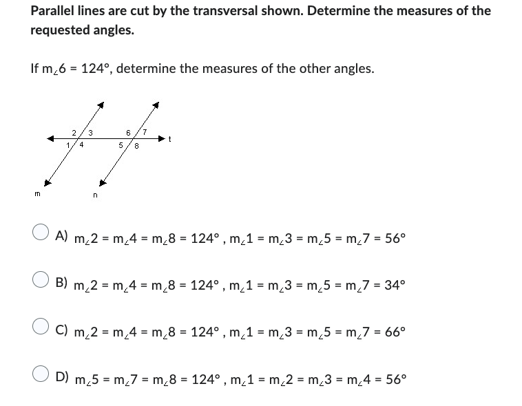 Solved Parallel lines are cut by the transversal shown. | Chegg.com