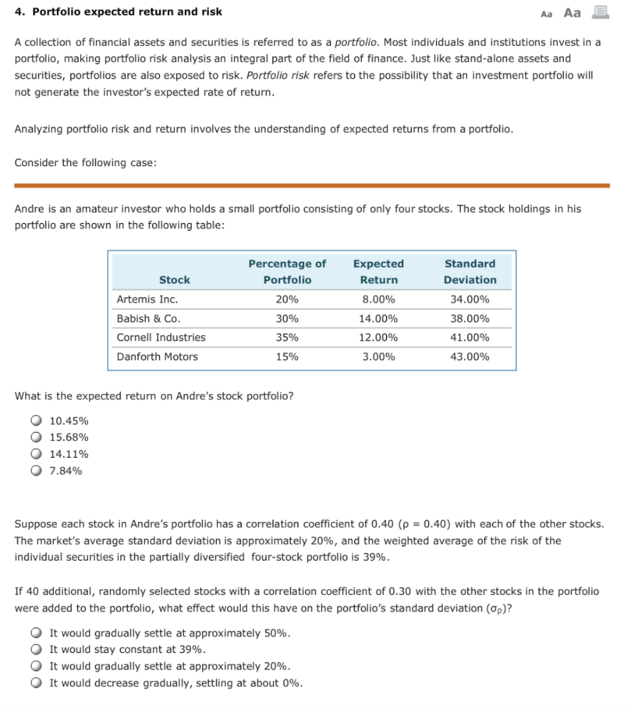 Solved 4. Portfolio expected return and risk Aa Aa A | Chegg.com