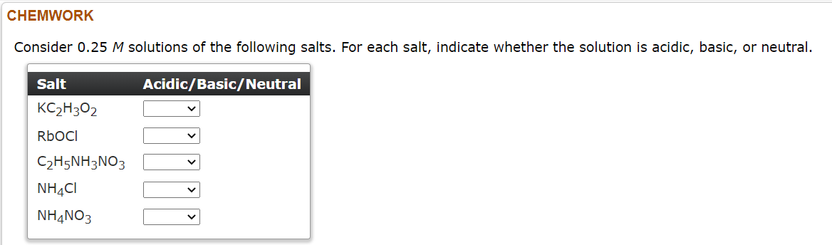 Solved Consider 0.25M solutions of the following salts. For | Chegg.com