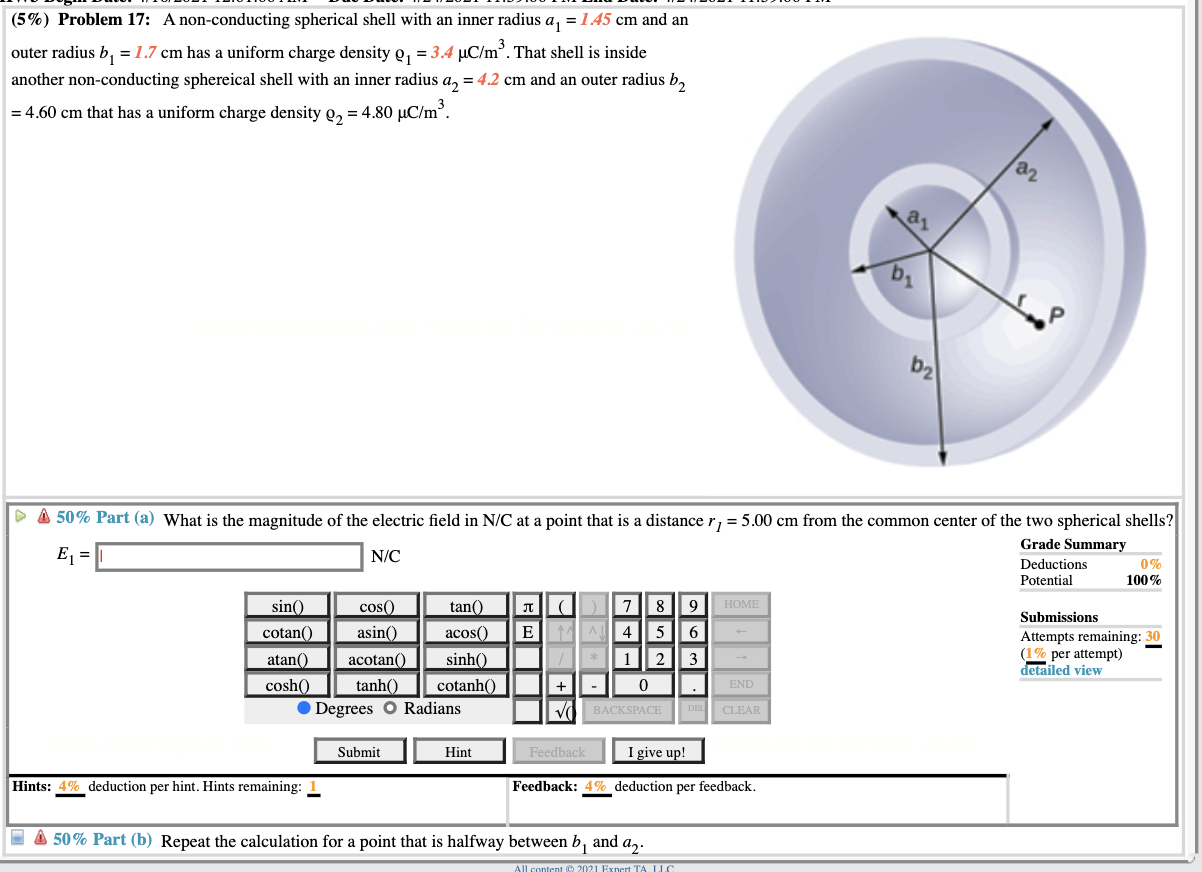 Solved (5%) Problem 17: A non-conducting spherical shell | Chegg.com