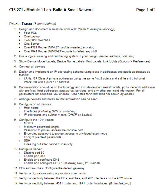 Solved re the default gateway CIS 271 - ﻿Module 1 ﻿Lab: | Chegg.com