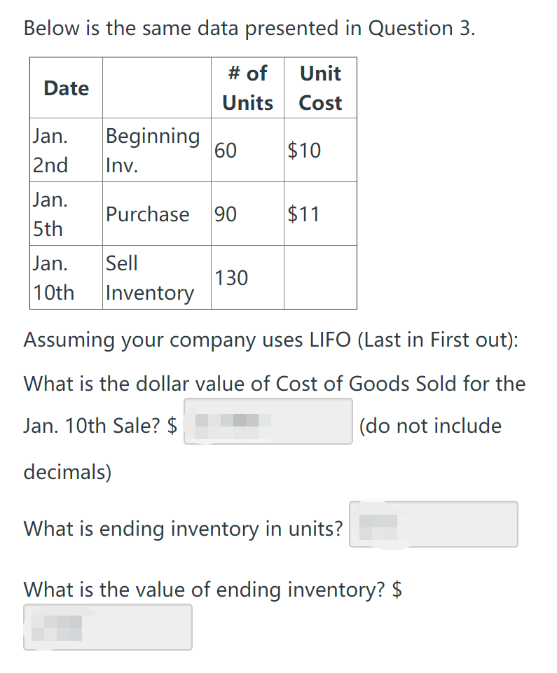 Solved Below is the same data presented in Question 3. Date | Chegg.com