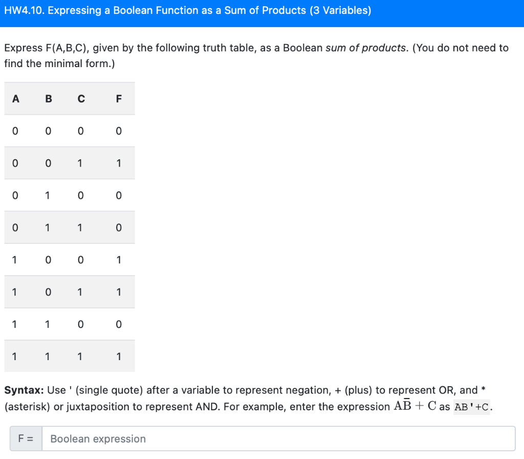 Solved HW4.10. Expressing a Boolean Function as a Sum of | Chegg.com