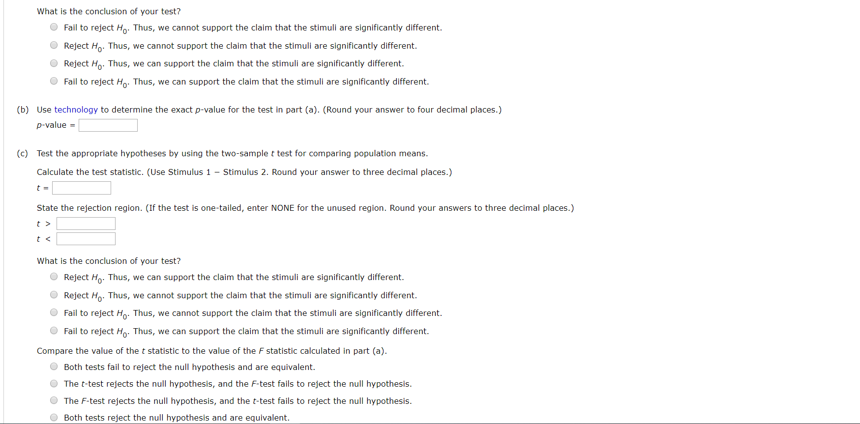 Solved The reaction times for two different stimuli in a | Chegg.com