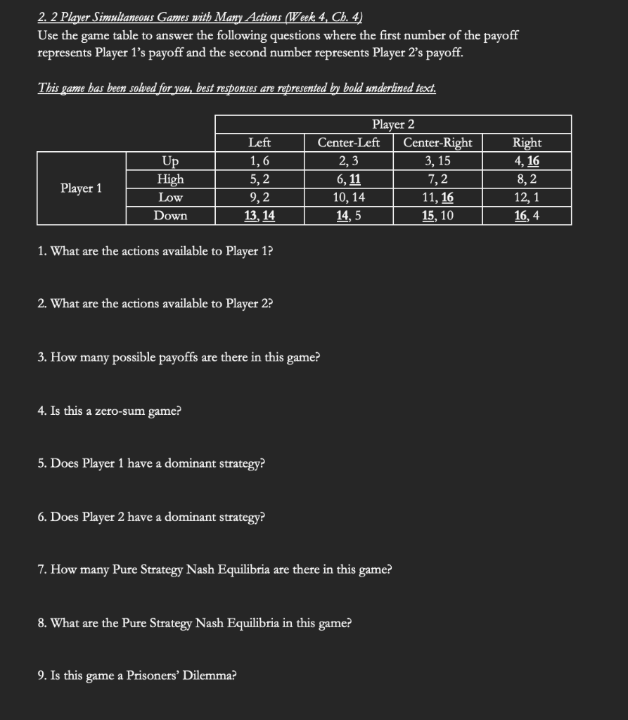 Solved 2. 2 Player Simultaneous Games with Many Actions | Chegg.com