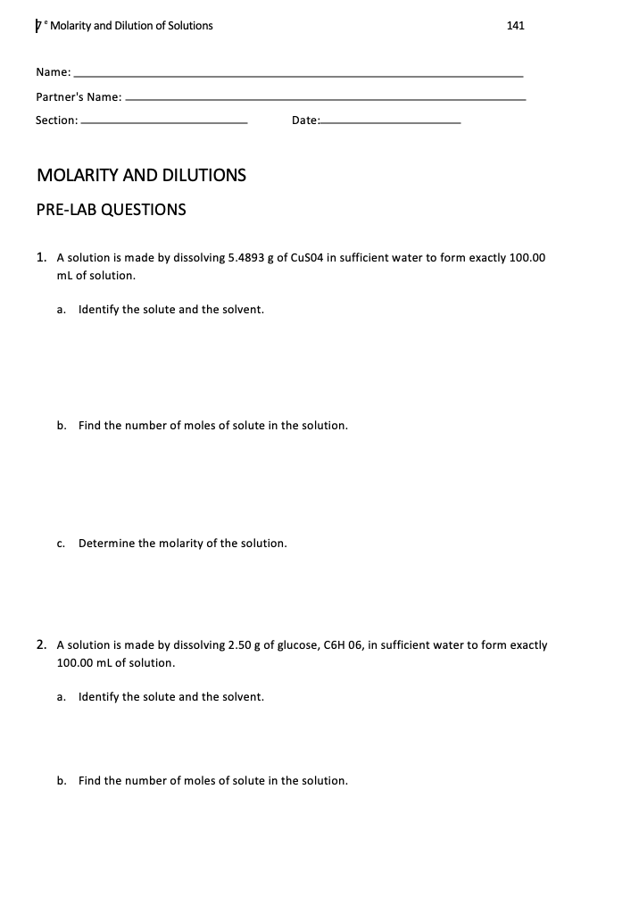 Solved Molarity and Dilution of Solutions 141 Name: | Chegg.com