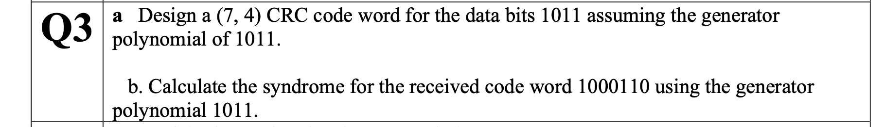 Solved a Design a (7,4) CRC code word for the data bits 1011 | Chegg.com