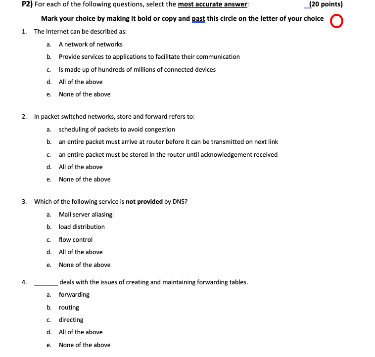 Solved P2) For each of the following questions, select the | Chegg.com