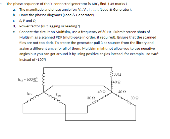 Solved The phase sequence of the Y-connected generator is | Chegg.com