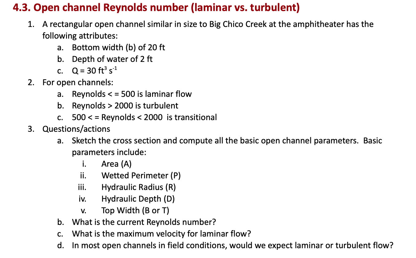 Solved a. C. 4.3. Open channel Reynolds number (laminar vs. | Chegg.com