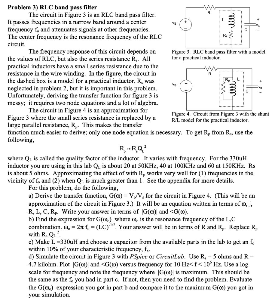 Vs MILW + Problem 3) RLC band pass filter The circuit | Chegg.com