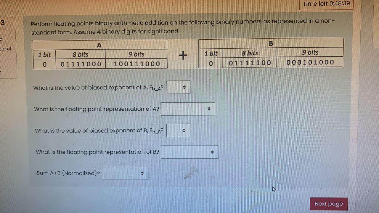 Solved Time left 0:48:39 3 Perform floating points binary | Chegg.com