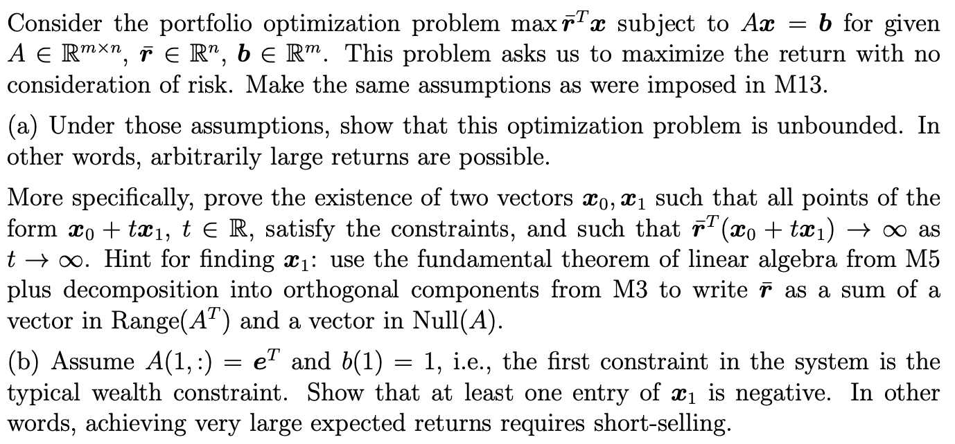 = Consider the portfolio optimization problem max řI | Chegg.com