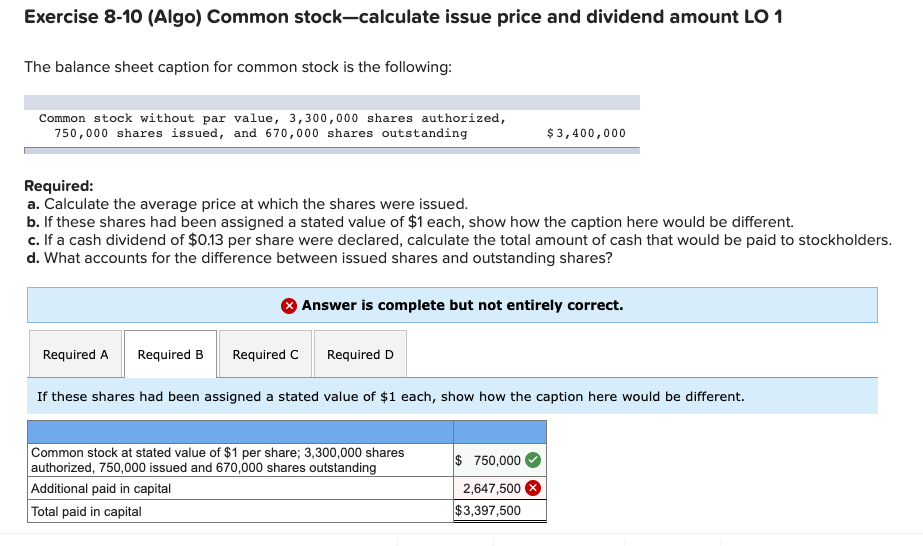 Solved Exercise 8-10 (Algo) Common stock-calculate issue | Chegg.com