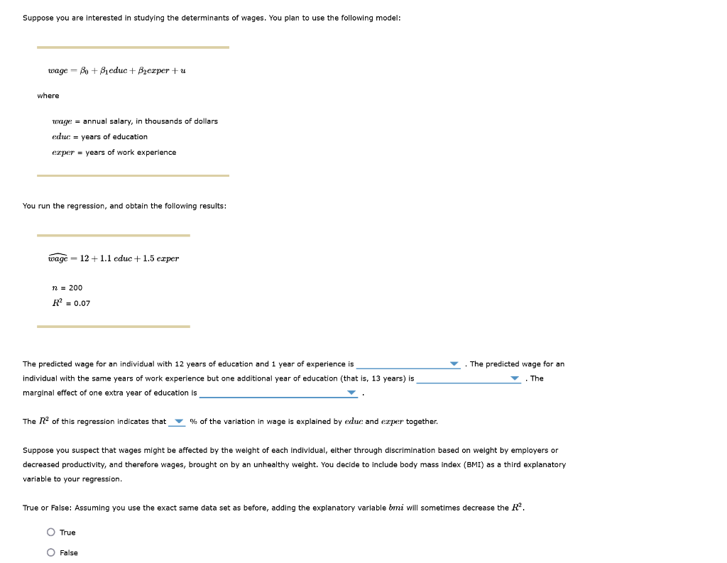 Solved wage =β0+β1 educ +β2 exper +u where wage: = annual | Chegg.com