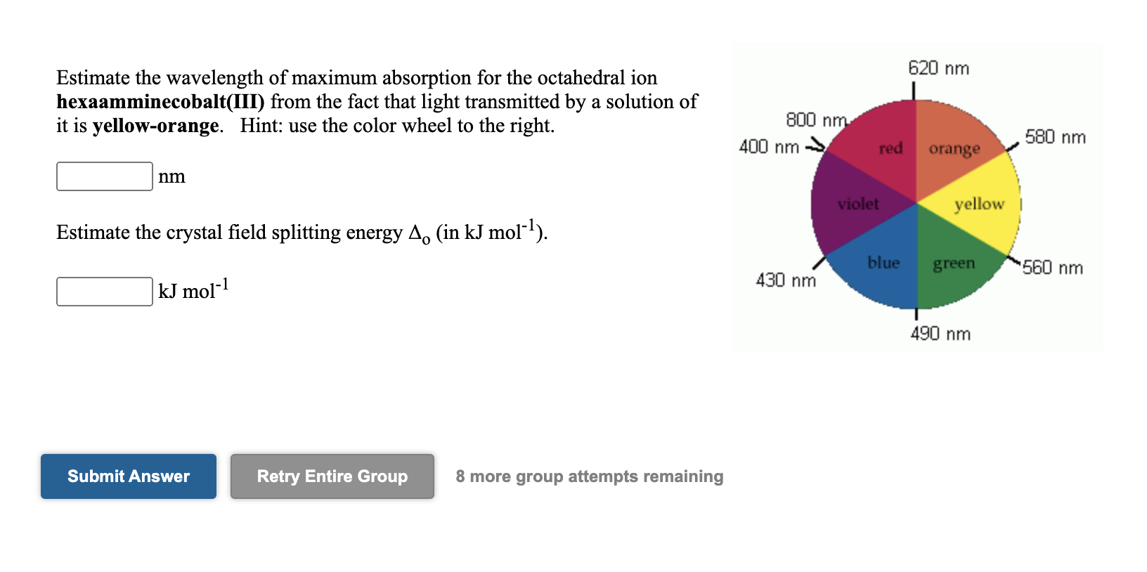 Solved 620 nm Estimate the wavelength of maximum absorption | Chegg.com