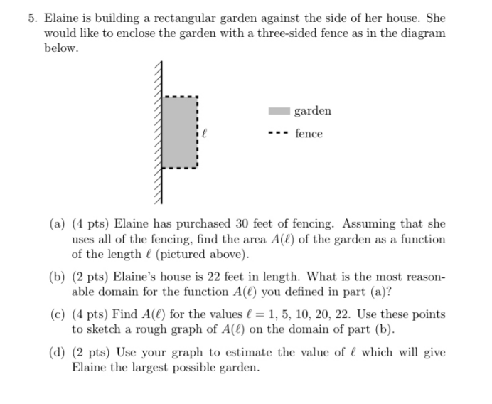 Solved 5. Elaine is building a rectangular garden against | Chegg.com