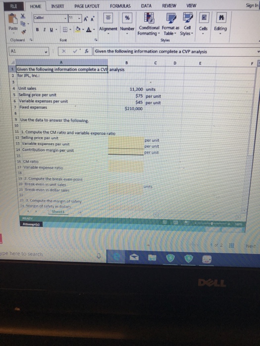 Solved CVP Analysis using Excel's Basic Math Functions JPL. | Chegg.com