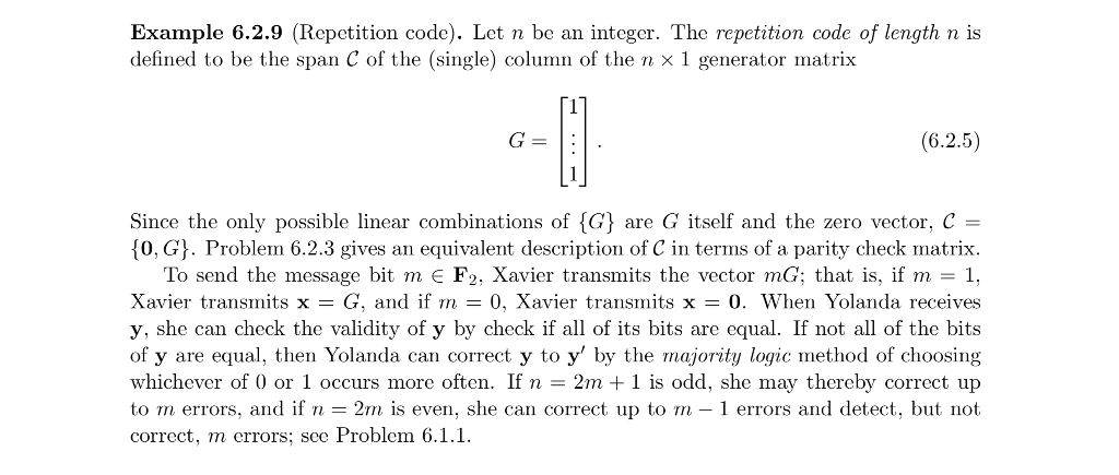 Example 6.2.9 (Repetition code). Let n be an integer. | Chegg.com