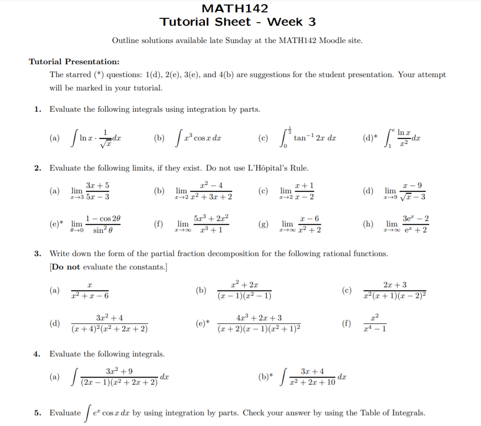 Solved MATH142 Tutorial Sheet - Week 3 Outline solutions | Chegg.com
