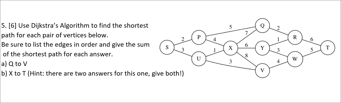 Solved 5 Q R S 5. [6] Use Dijkstra's Algorithm to find the | Chegg.com