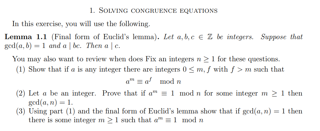 Solved 1. Solving CONGRUENCE EQUATIONS In this exercise, you | Chegg.com