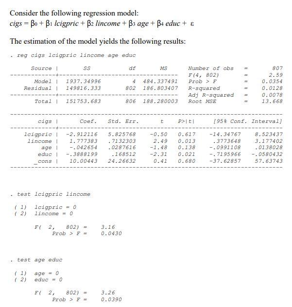 Solved Consider The Following Stata Output Based On The Data 1221