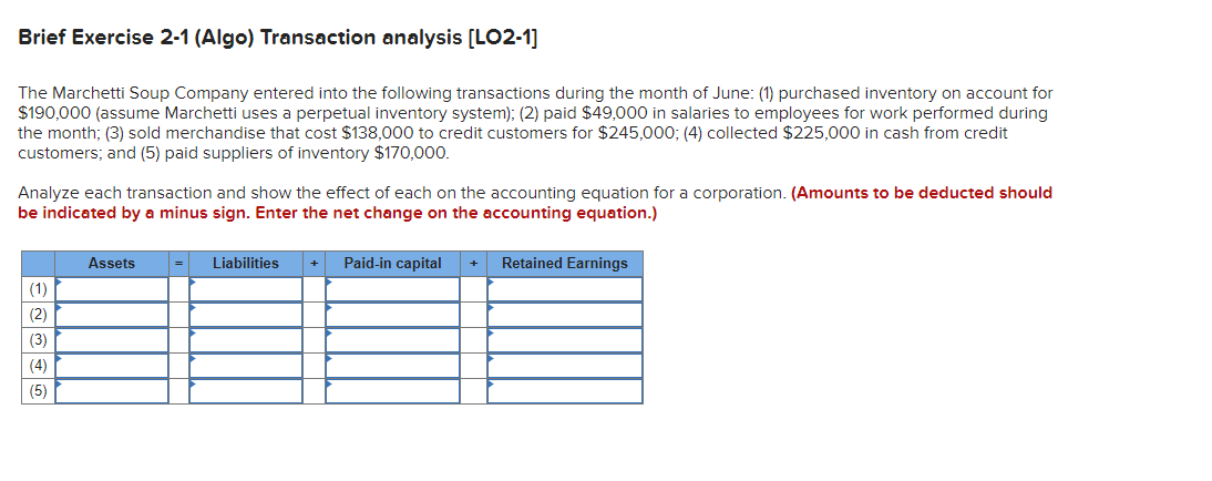 Solved Brief Exercise 2-1 (Algo) Transaction analysis | Chegg.com Solved Brief Exercise 2-1 (Algo) Transaction analysis | Chegg.com