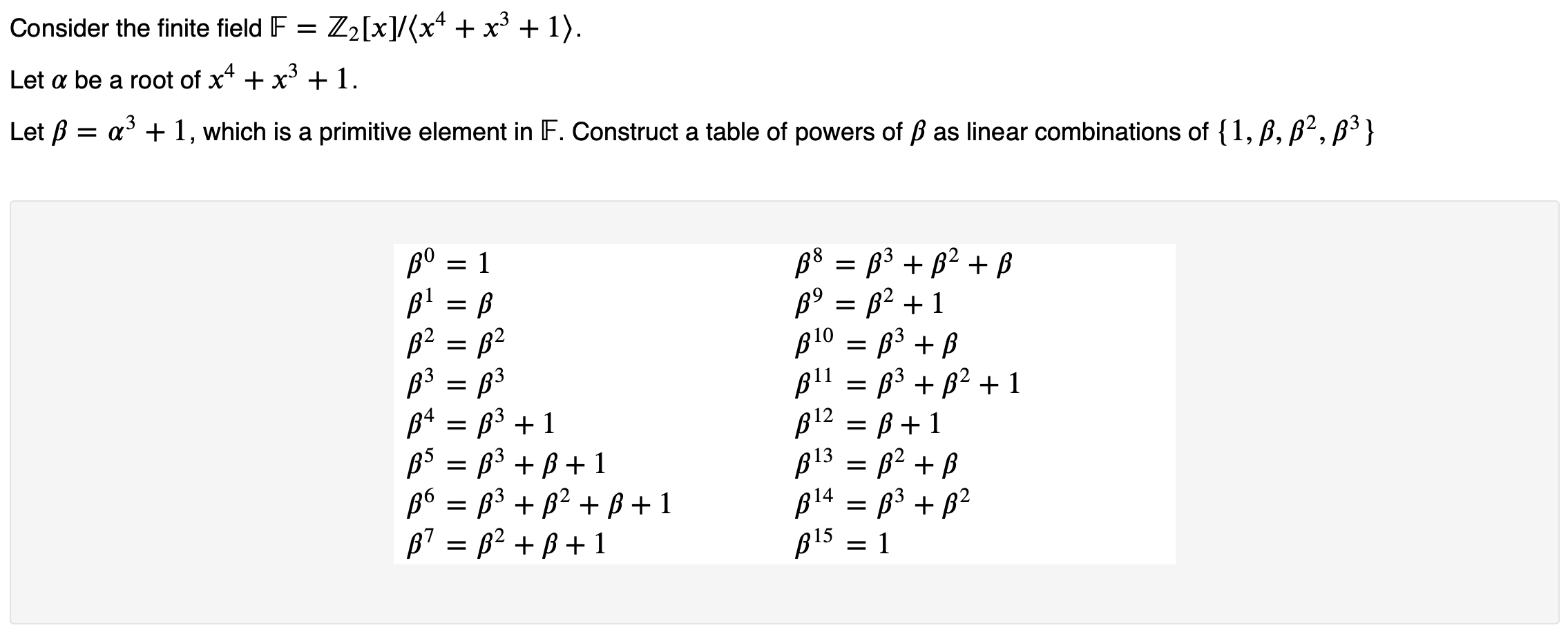 Solved Consider the finite field F=Z2[x]/ x4+x3+1 Let α be | Chegg.com