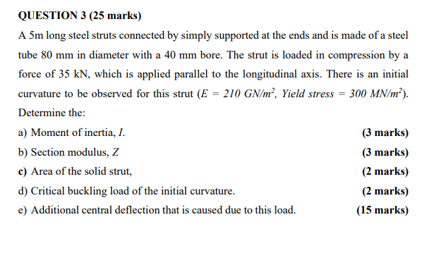Solved QUESTION 3 (25 marks) A 5m long steel struts | Chegg.com