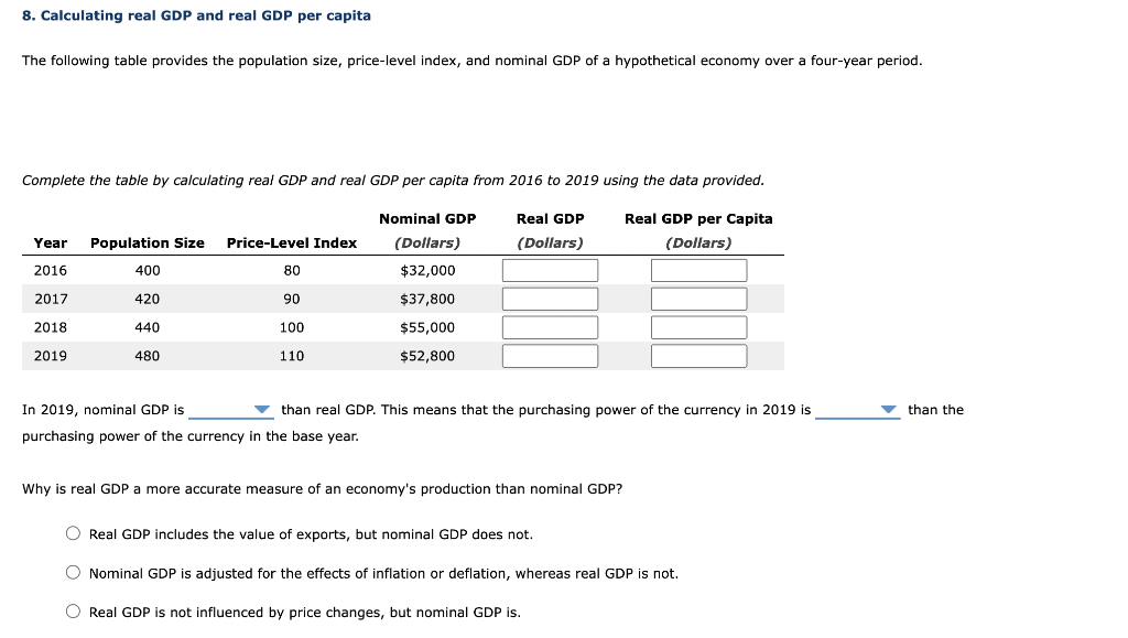Solved 8. Calculating real GDP and real GDP per capita The | Chegg.com
