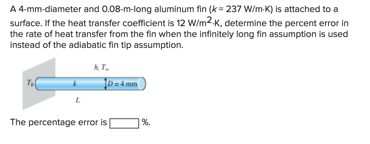 Solved A 4-mm-diameter and 0.08-m-long aluminum fin (k = 237 | Chegg.com